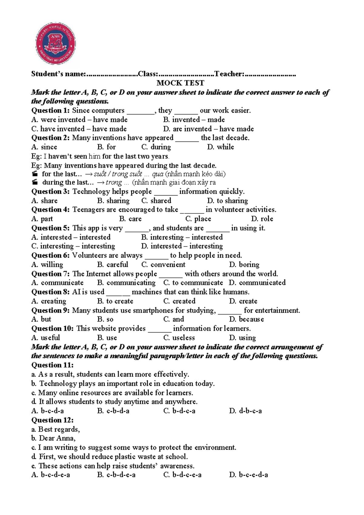 G10 END-OF-TERM 1 MOCK TEST: English Language Practice - Studocu