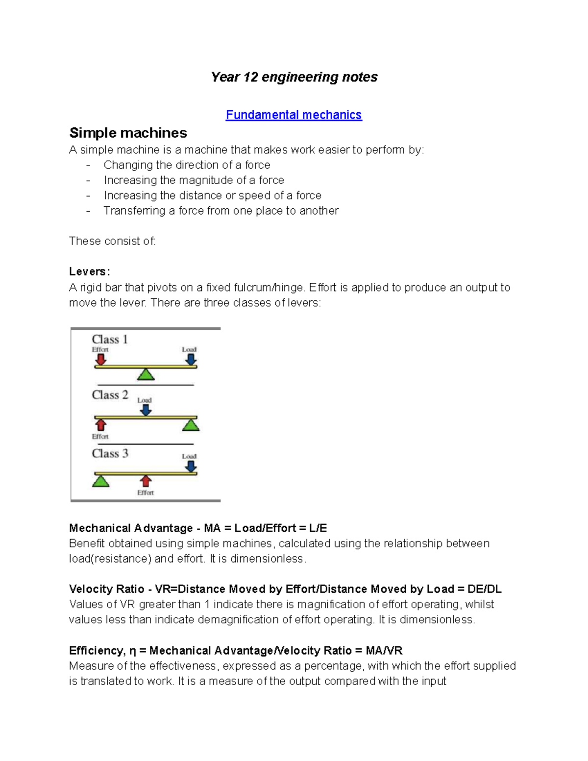 Year 12 Engineering Notes: Understanding Simple Machines and Mechanics ...