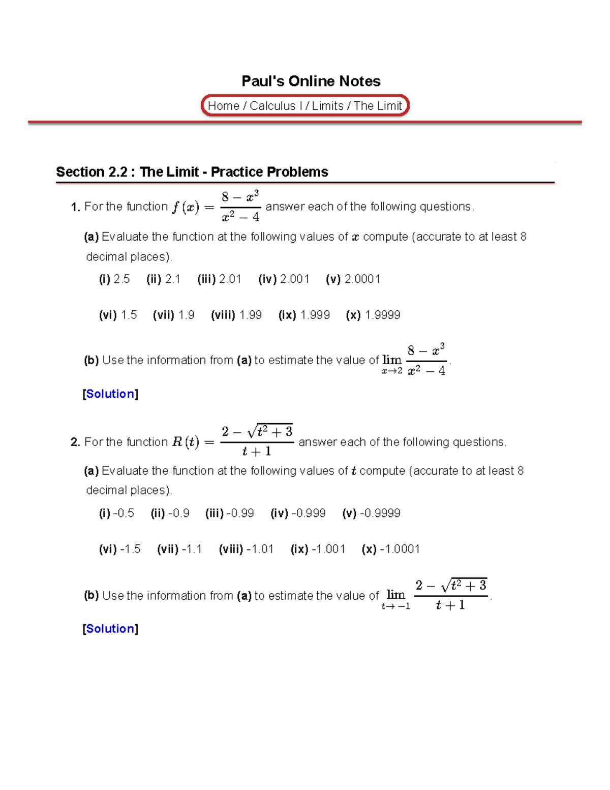 Calculus I - Limits Practice Problems & Solutions (Revised) - Studocu