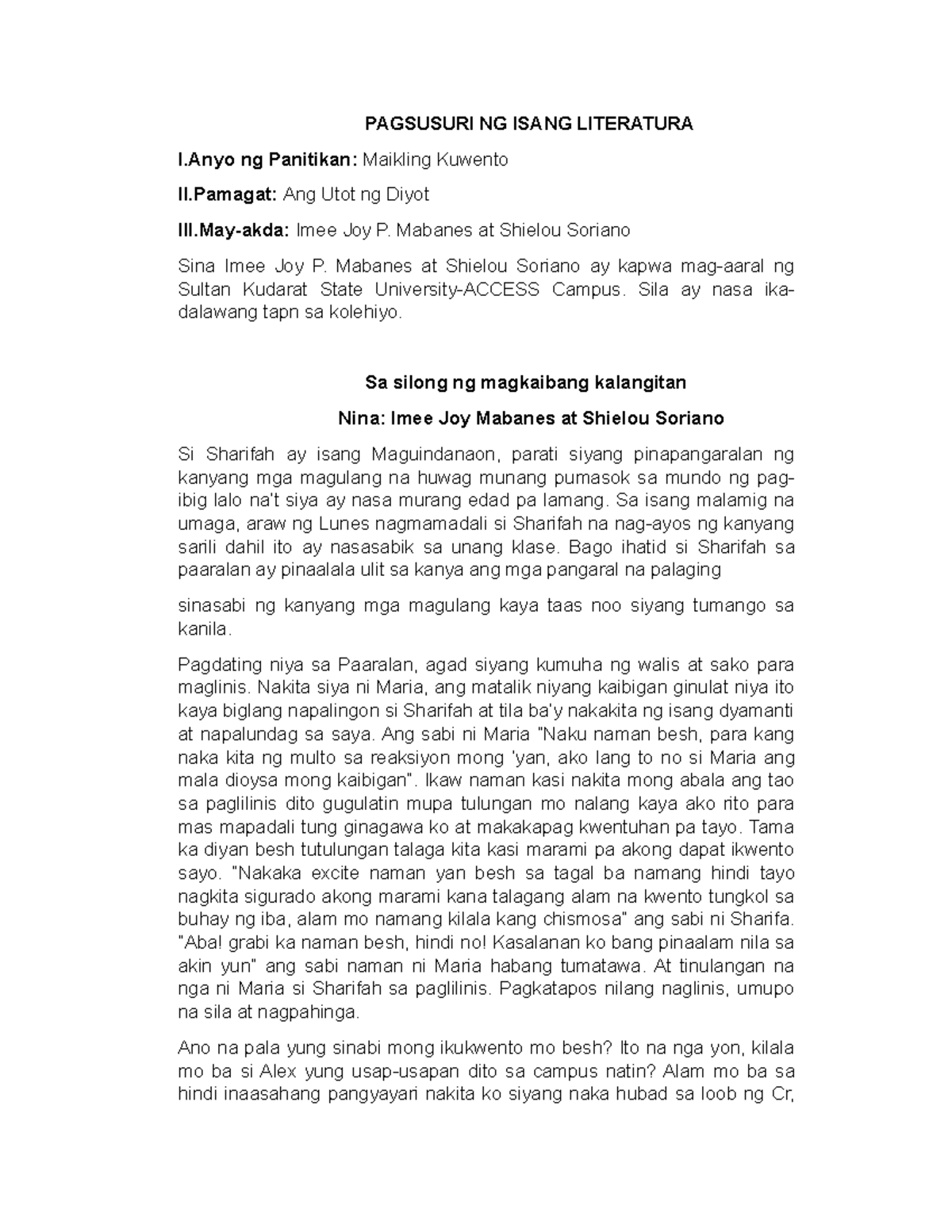 PAGSUSURI NG "ANG UTOT NG DIYOT": Teoryang Feminismo sa Pagsusuri - Studocu