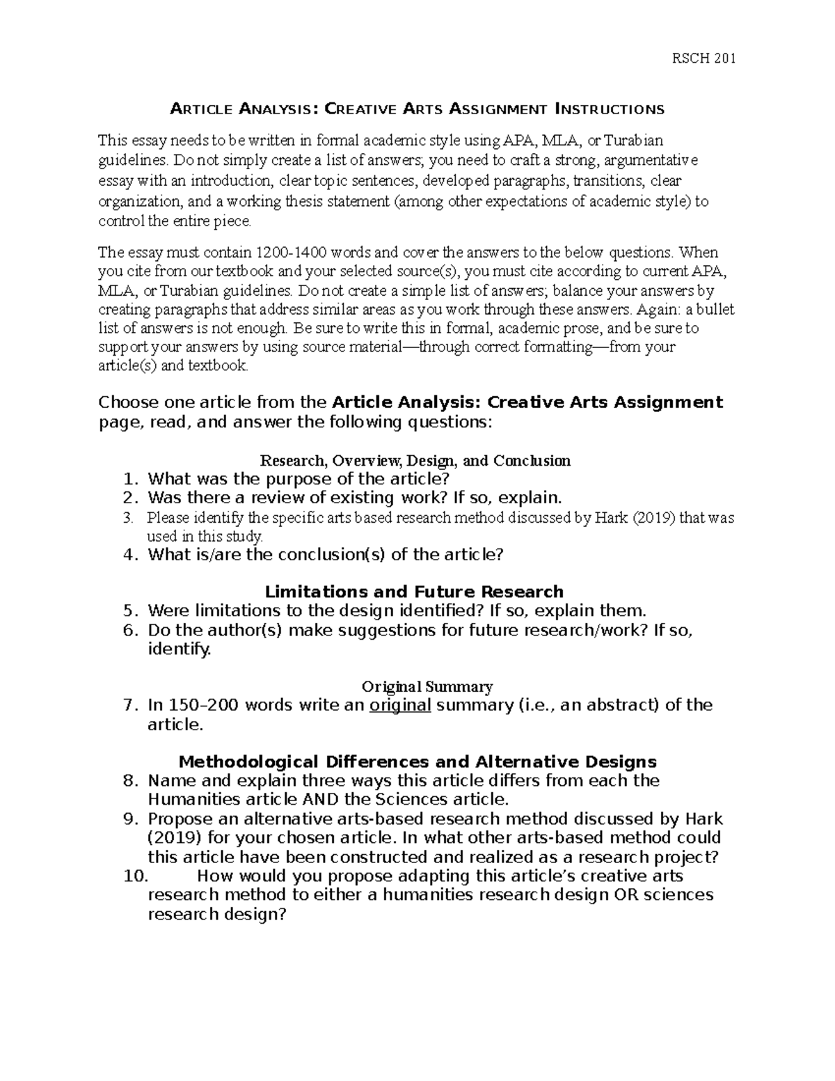 Article Analysis Creative Arts Assignment Instructions - RSCH 201 ...