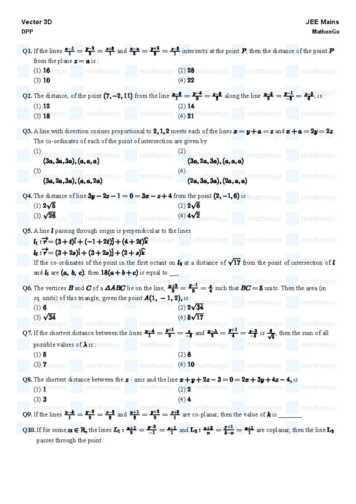 Vector 3D JEE Mains DPP MathonGo - Practice Questions Q1-Q10 - Studocu