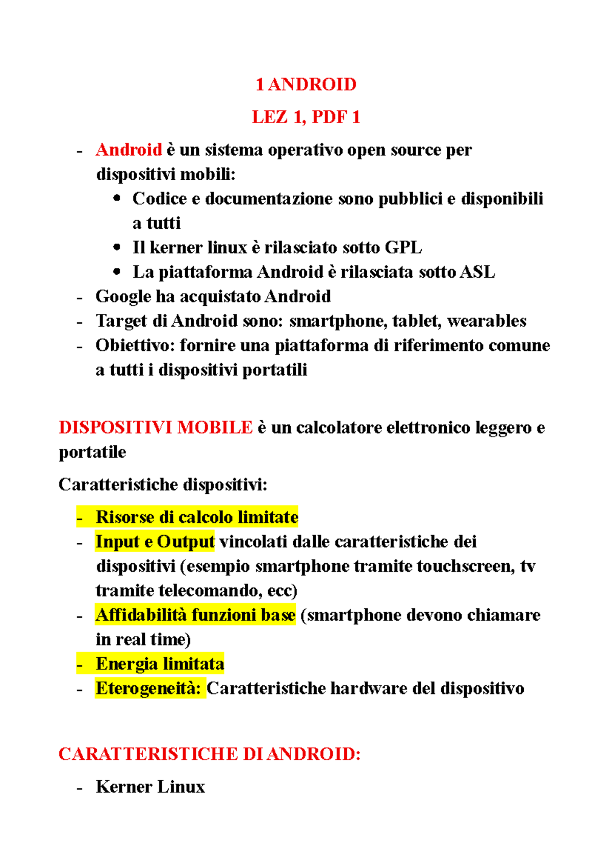 Android LEZ 1: Introduzione al Sistema Operativo e Architettura - Studocu