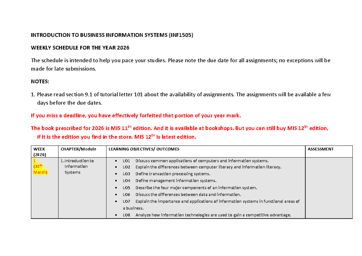 Weekly Schedule for INF1505: Introduction to Business Information ...