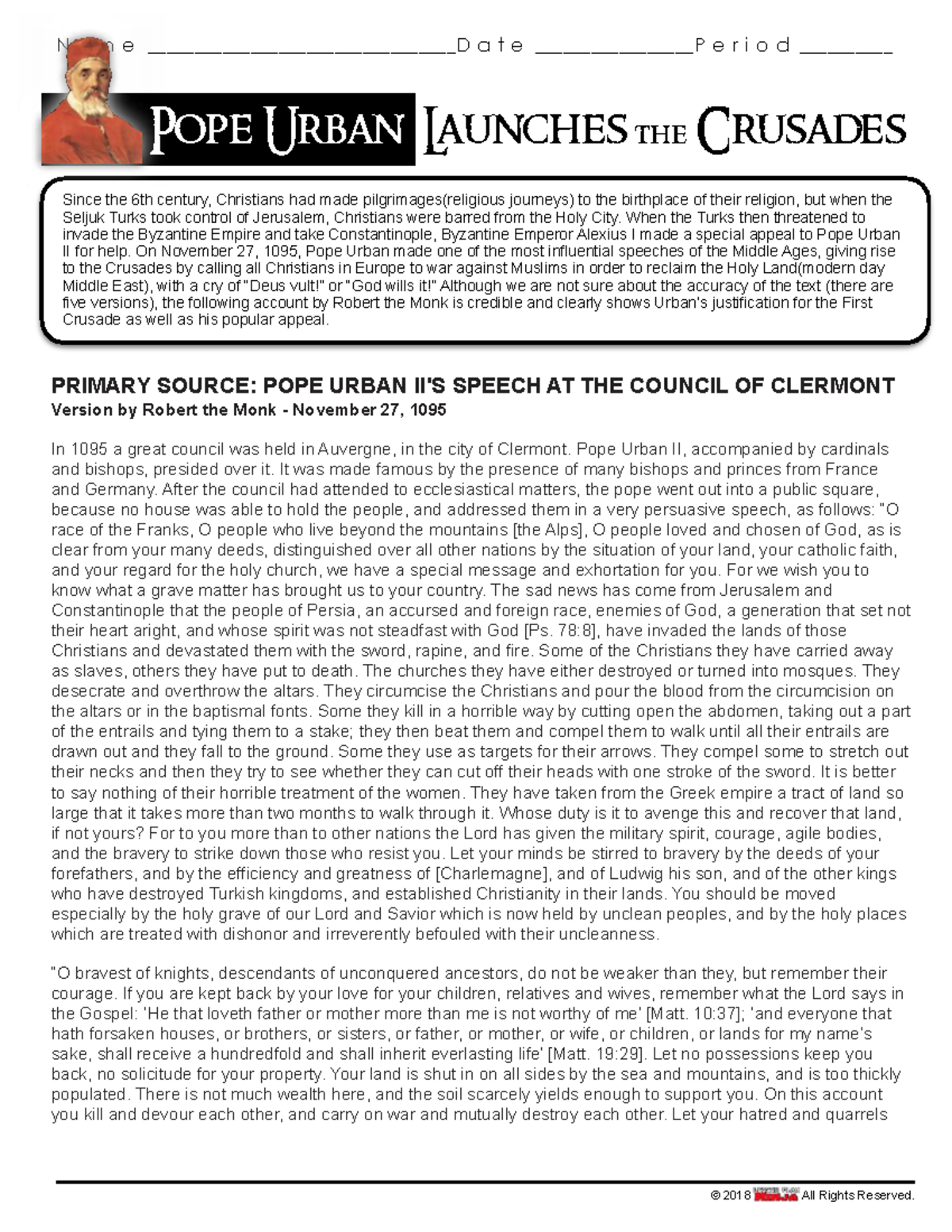 Pope Urban II's Call for Crusades: Speech at Clermont 1095 - Studocu