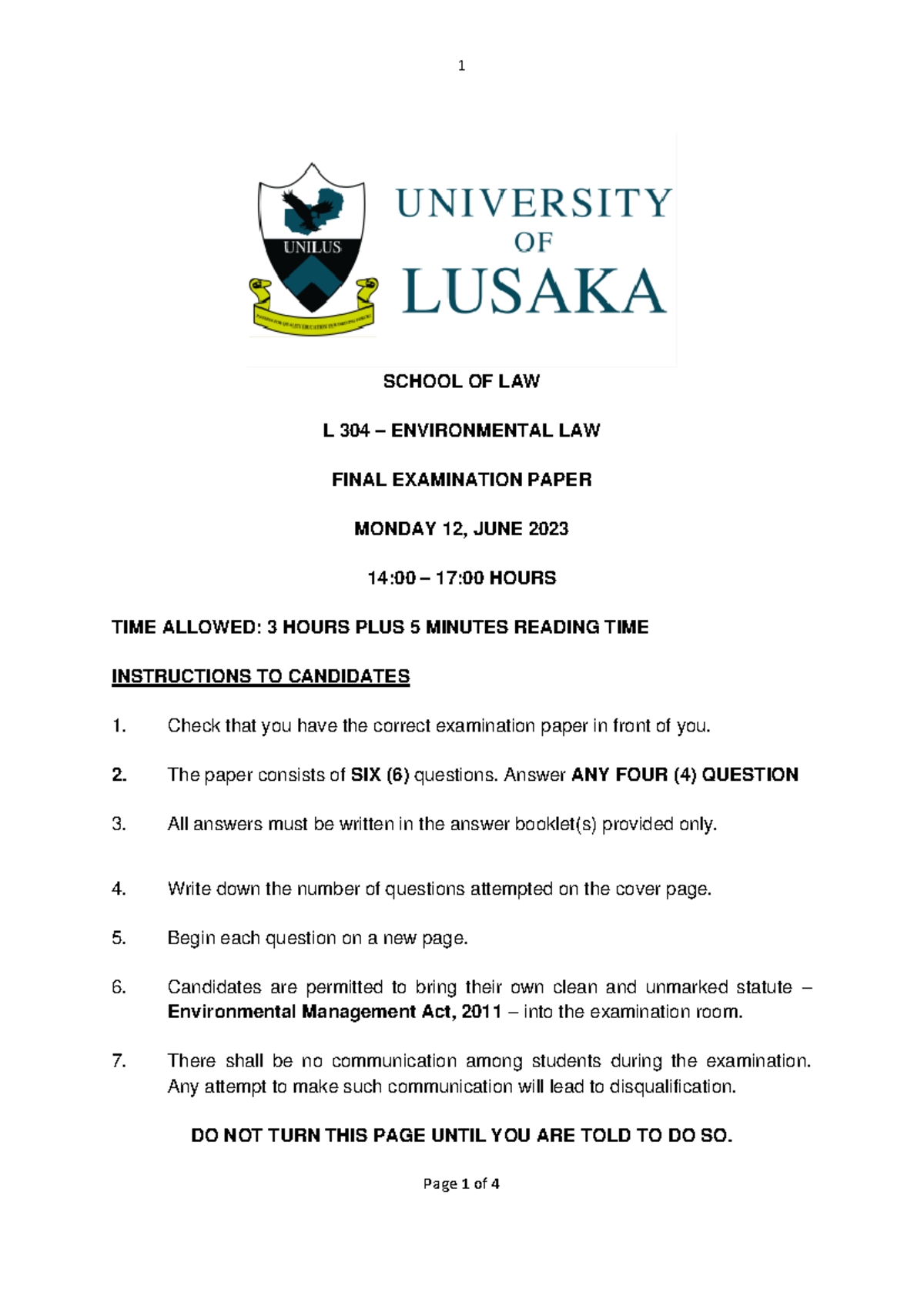 L 304 – Environmental Law Final Exam Paper - Studocu