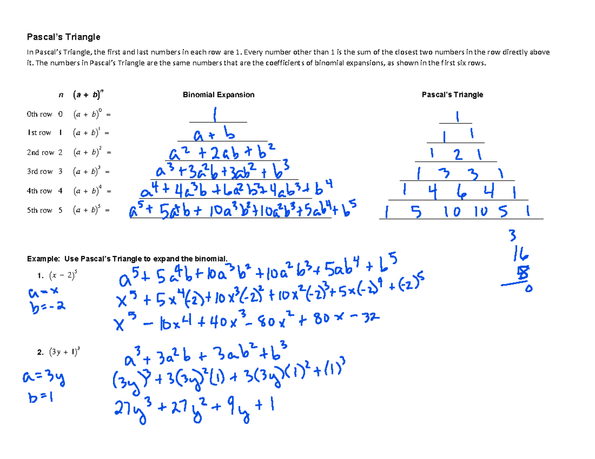 Key - Notes Pascals triangle and Binomial Expansion - Pascal’s Triangle ...