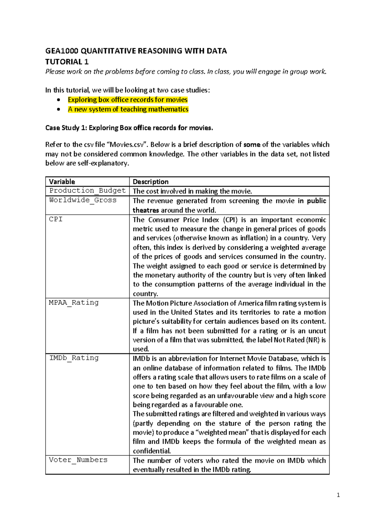 Tutorial 1 - Worksheet - GEA1000 QUANTITATIVE REASONING WITH DATA ...