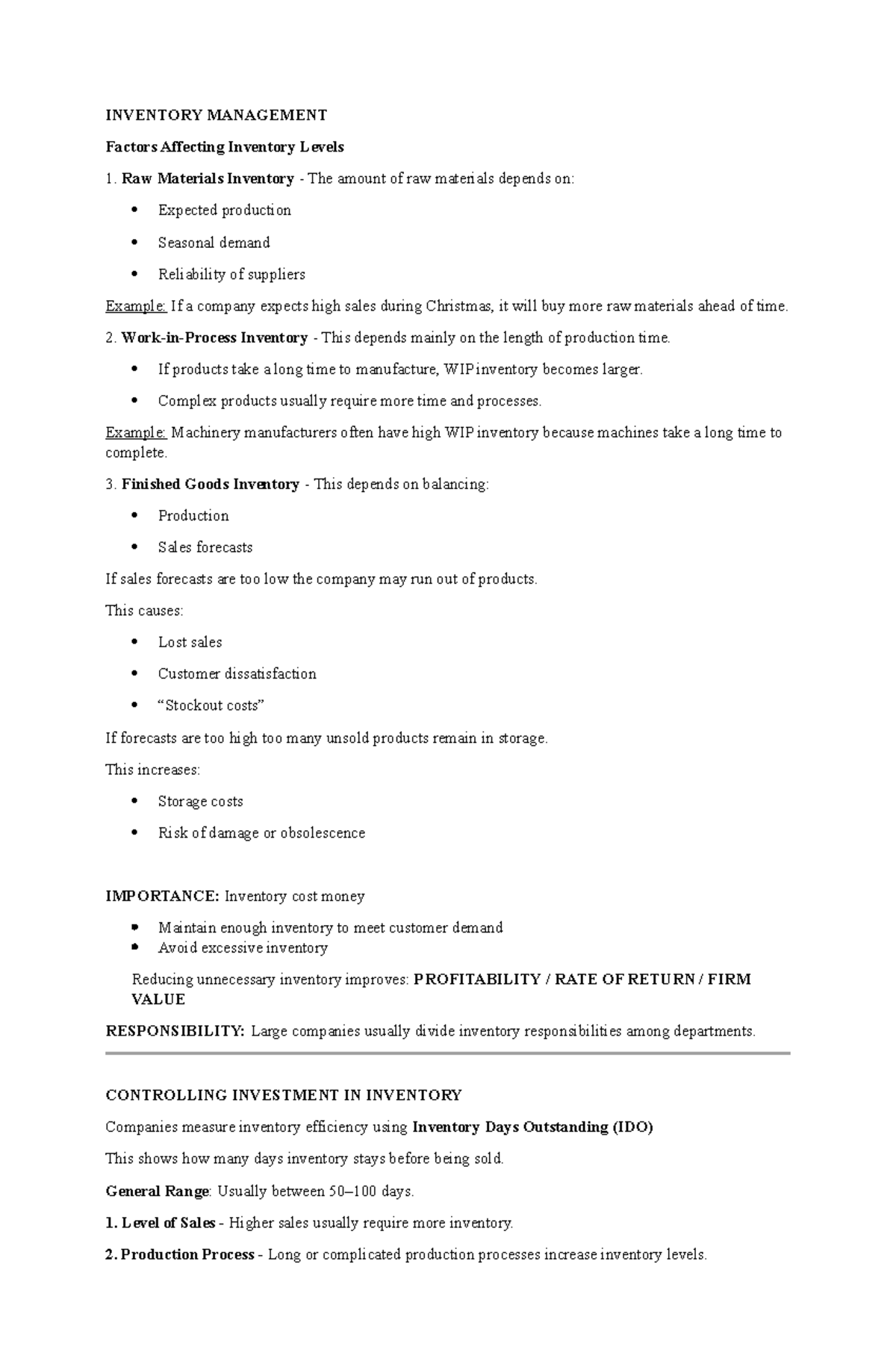 Inventory Management: Factors Influencing Levels and Efficiency - Studocu