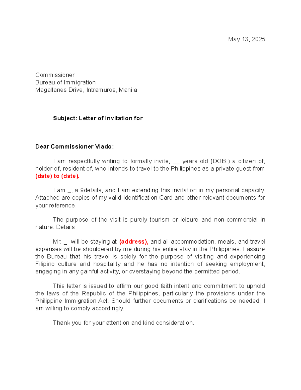 Sample Letter of Invitation to Bureau of Immigration (2025) - Studocu