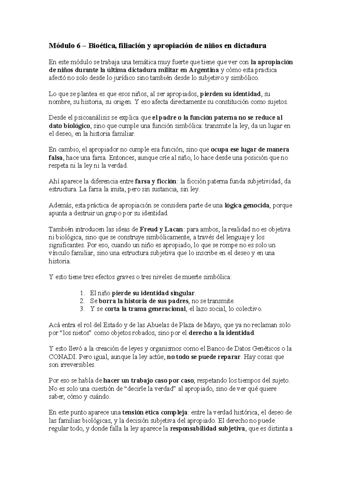 Módulo 6 y 7: Bioética y Filiación en Dictadura - Final Ex Cátedra Fariña - Studocu