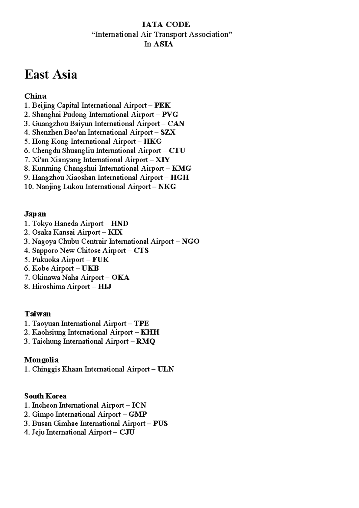 IATA Codes for Major Airports in Asia: A Comprehensive Guide - Studocu