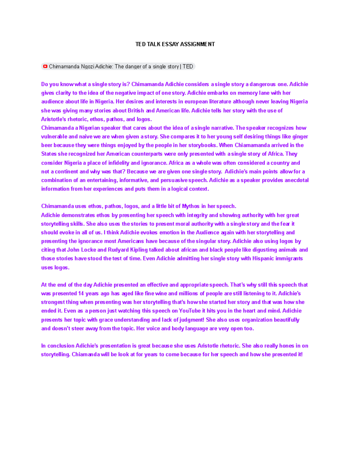 TED Talk Essay Assignment: Analyzing Chimamanda Adichie's Rhetoric ...