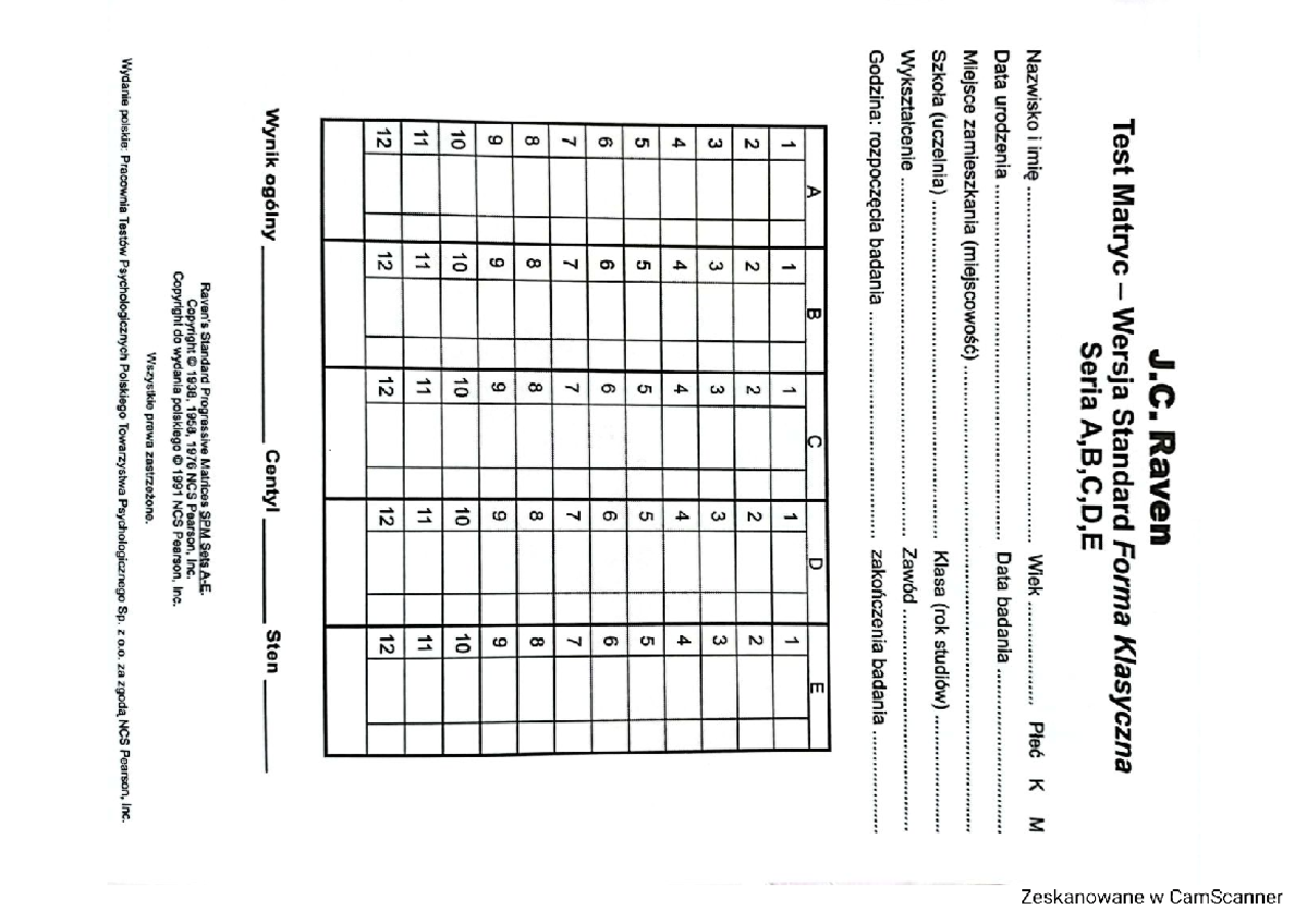 Arkusz Odpowiedzi do Testu Matryc Raven SPM - Wersja Standard - Studocu