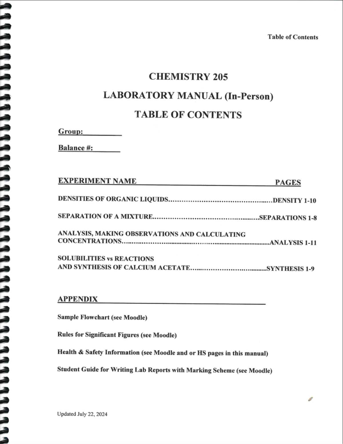 Chemistry 205 Lab Manual Winter 2025 - Table of Contents CHEMISTRY 205 ...