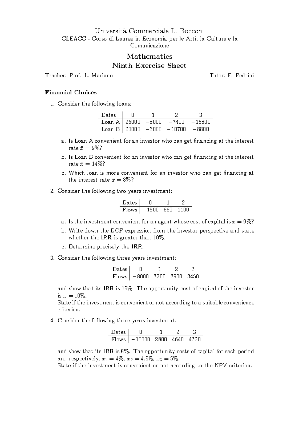 Mathematics Exercises 09 - Financial Choices Analysis CLEACC - Studocu