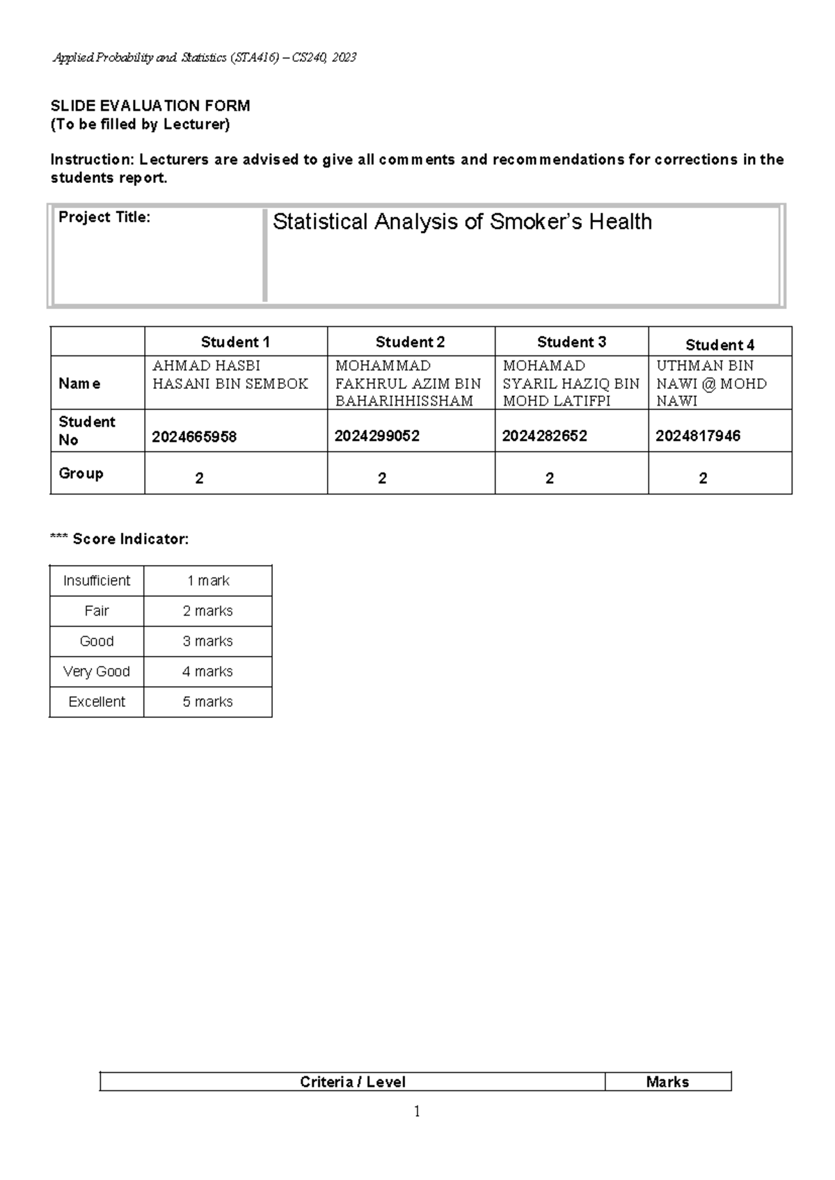 STA416 CS240 Applied Probability & Statistics Project Evaluation Form - Studocu