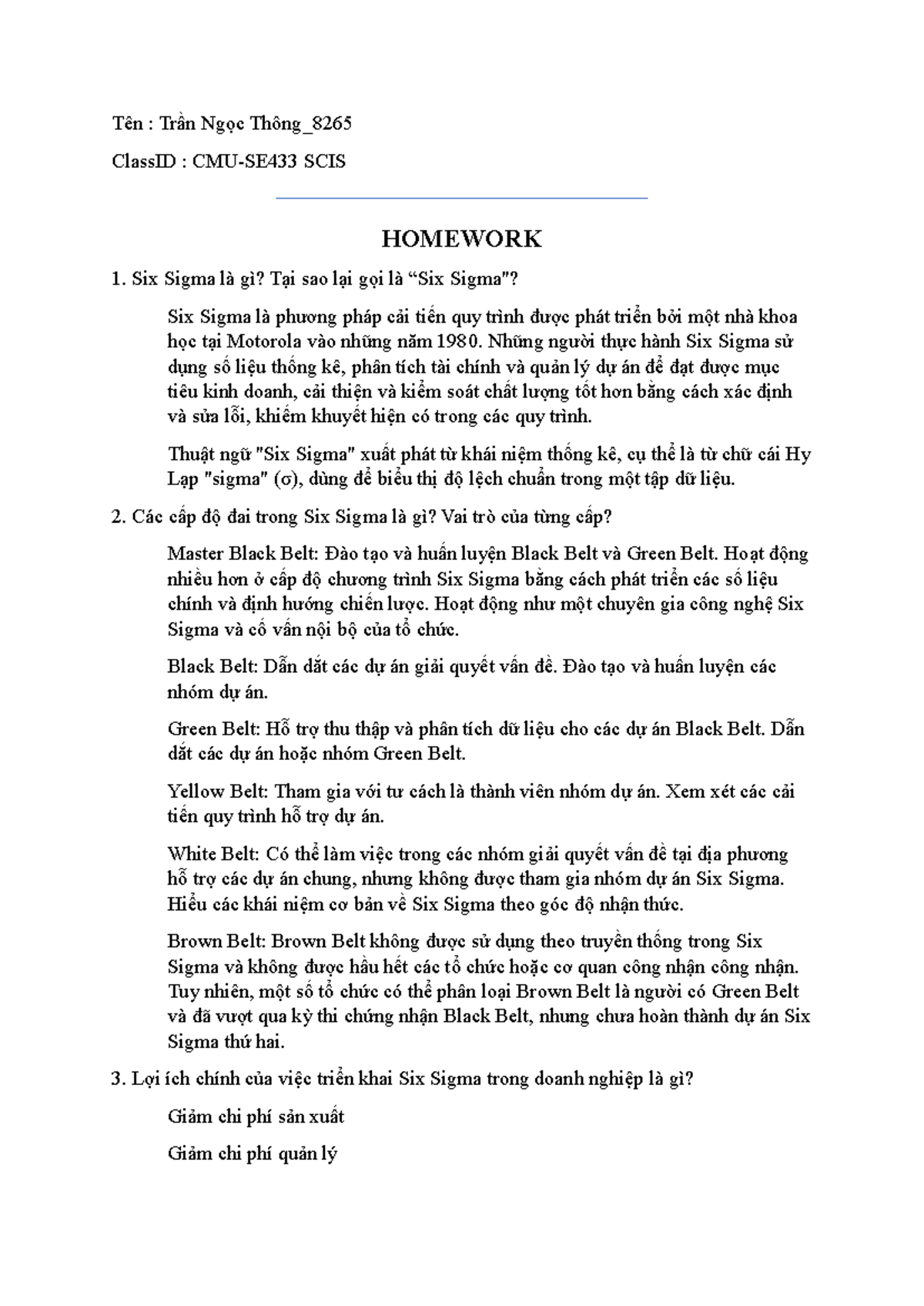SCIS 8265 Homework 1: Khám Phá Six Sigma và Ứng Dụng - Studocu