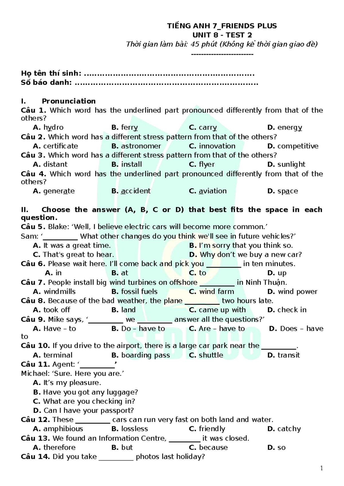TIẾNG ANH 7 - FRIENDS PLUS UNIT 8 - TEST 2 - Studocu