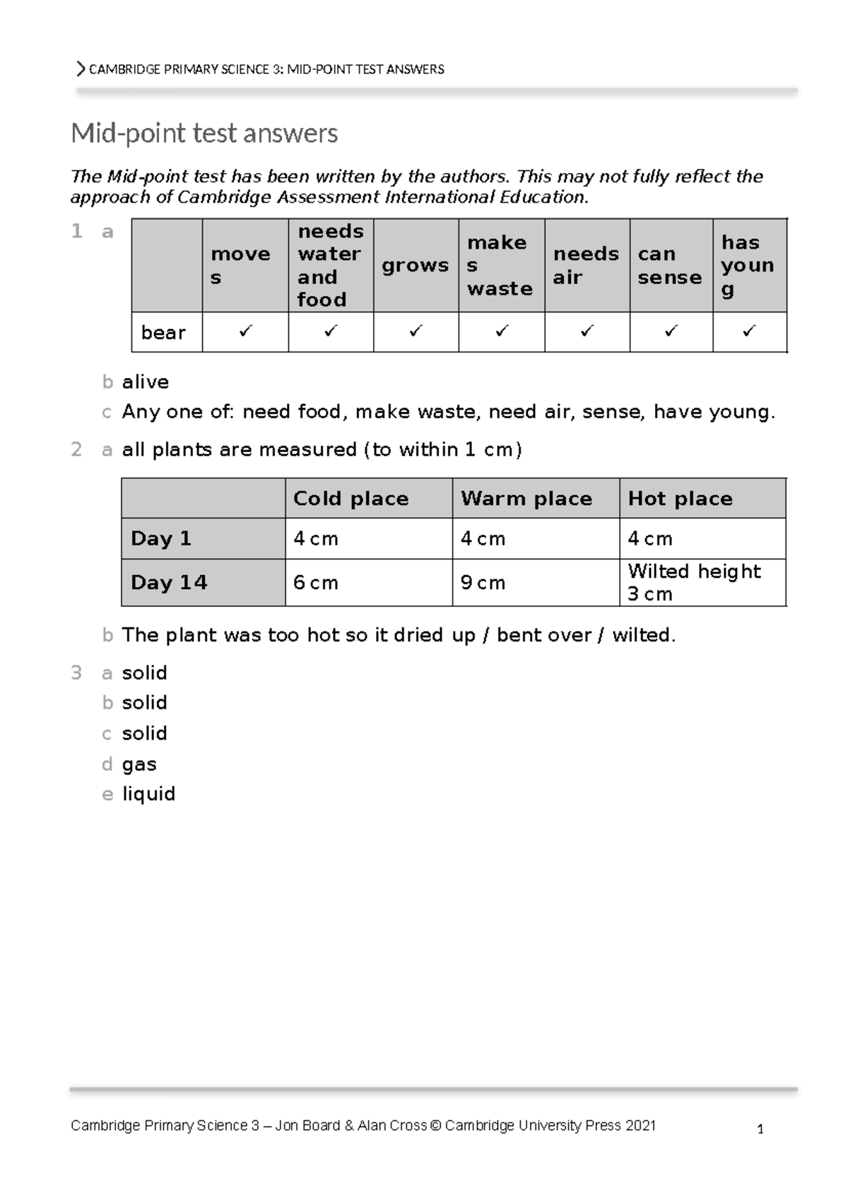 P Science 3 mid-point Answers - CAMBRIDGE PRIMARY SCIENCE 3: MID-POINT ...