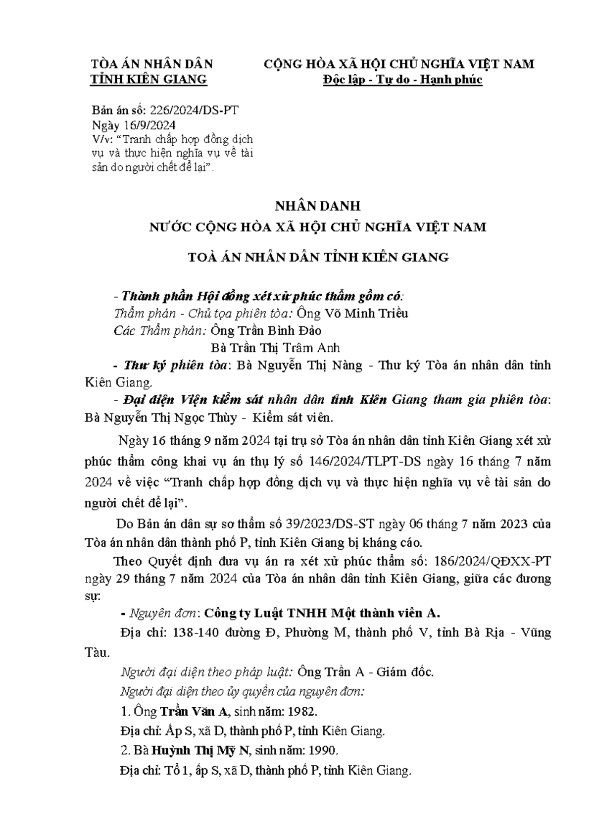 Bản án phúc thẩm số 229 ngày 16/9/2024 về hợp đồng dịch vụ tại Kiên ...