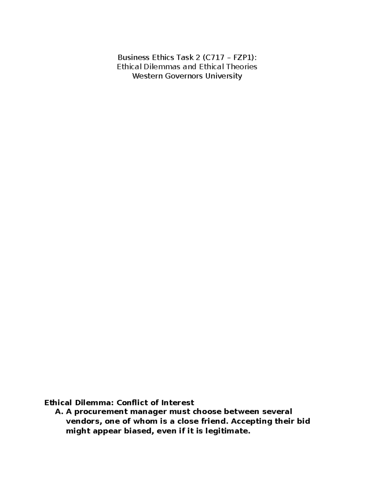 C717 FZP1: Business Ethics Task 2 - Ethical Dilemmas Analysis - Studocu