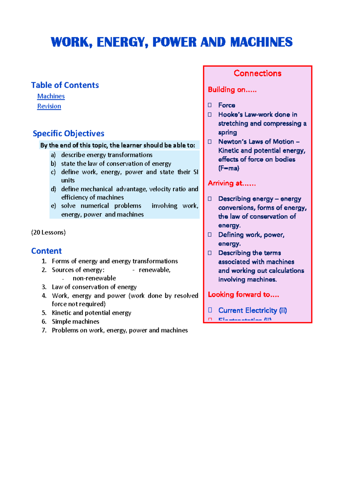 3.4 Work, Energy, Power and Machines - WORK, ENERGY, POWER AND MACHINES ...