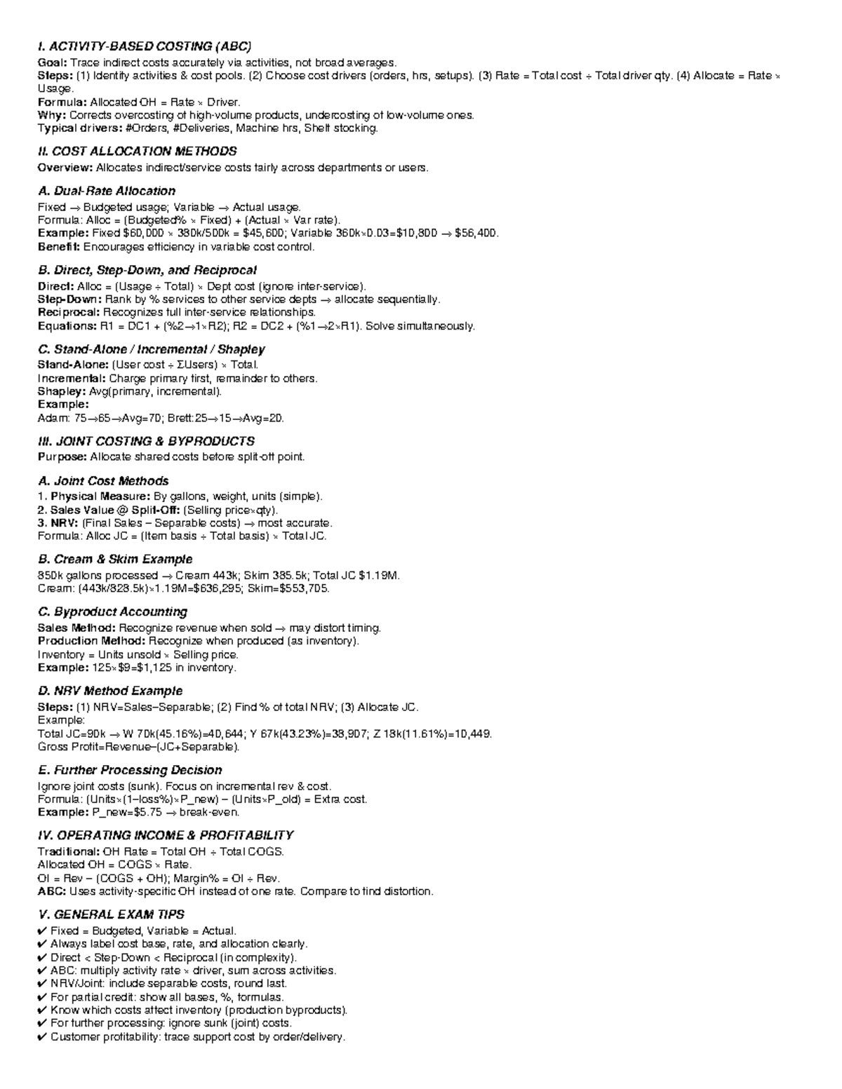 ACCT 3320 Midterm Cheat Sheet: Costing & Allocation Methods - Studocu