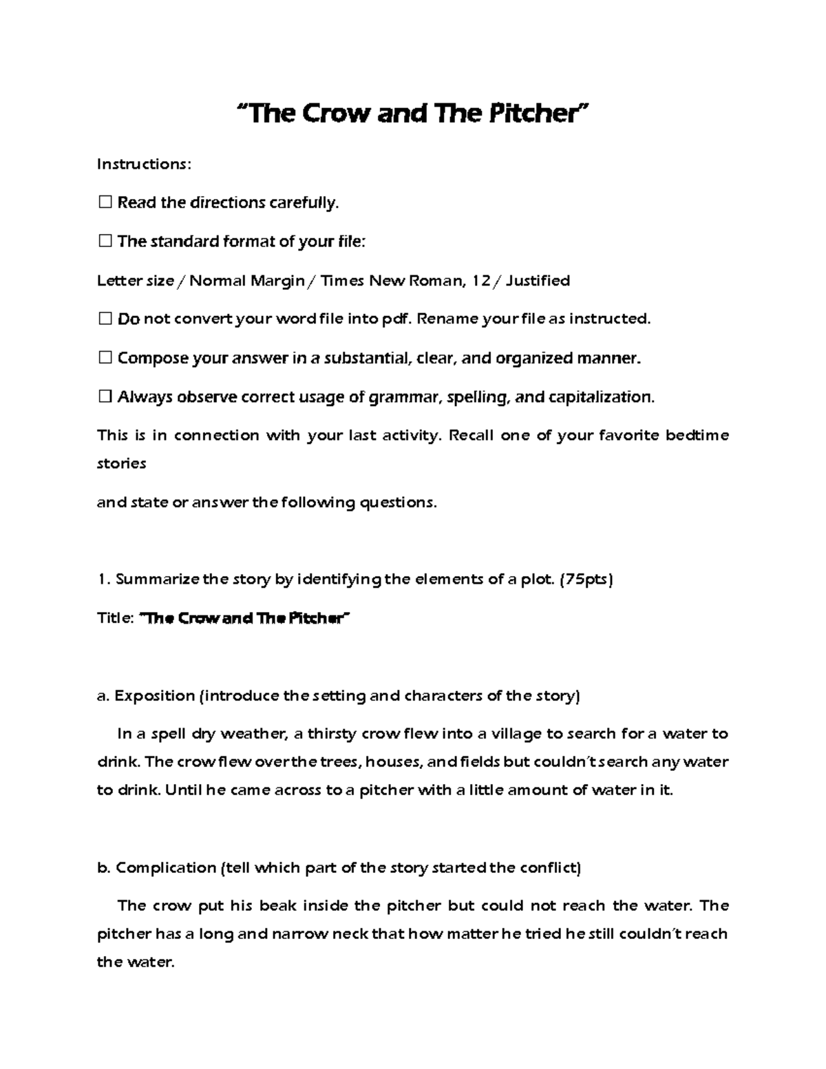 THE CROW AND THE PITCHER: A Plot Summary and Analysis - Studocu