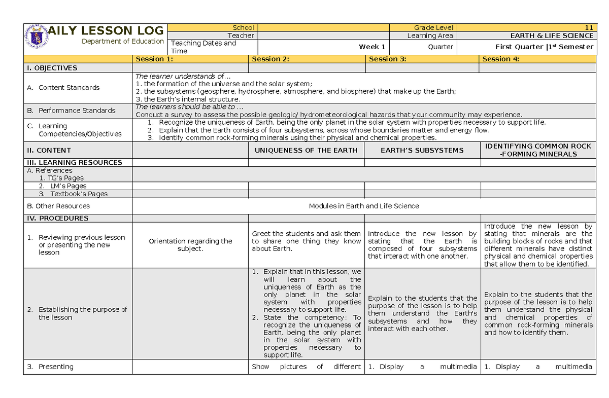 DLL ELS Q1 W1 - Grade 11 Earth and Life Science Daily Lesson Log - Studocu
