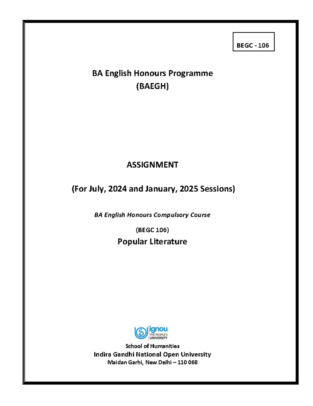 BEGC 106 Assignment on Popular Literature (July 2024 & Jan 2025) - Studocu