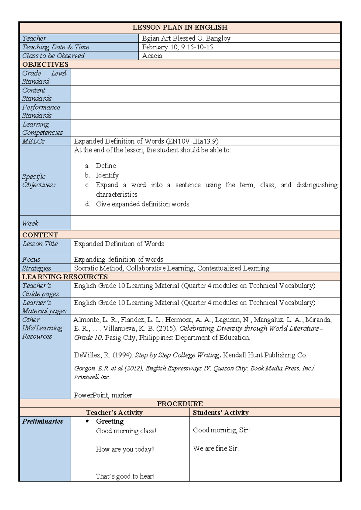 Lesson Plan: Expanded Definition of Words for English 10 - Studocu