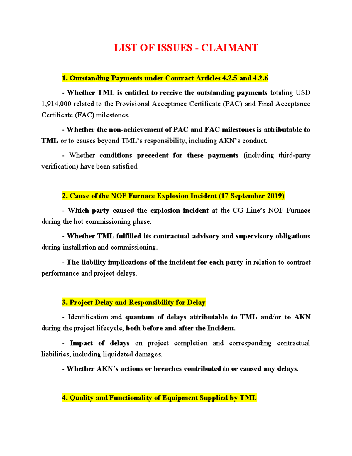 LIST OF ISSUES - CLAIMANT 1: TML vs AKN (Contractual Disputes) - Studocu