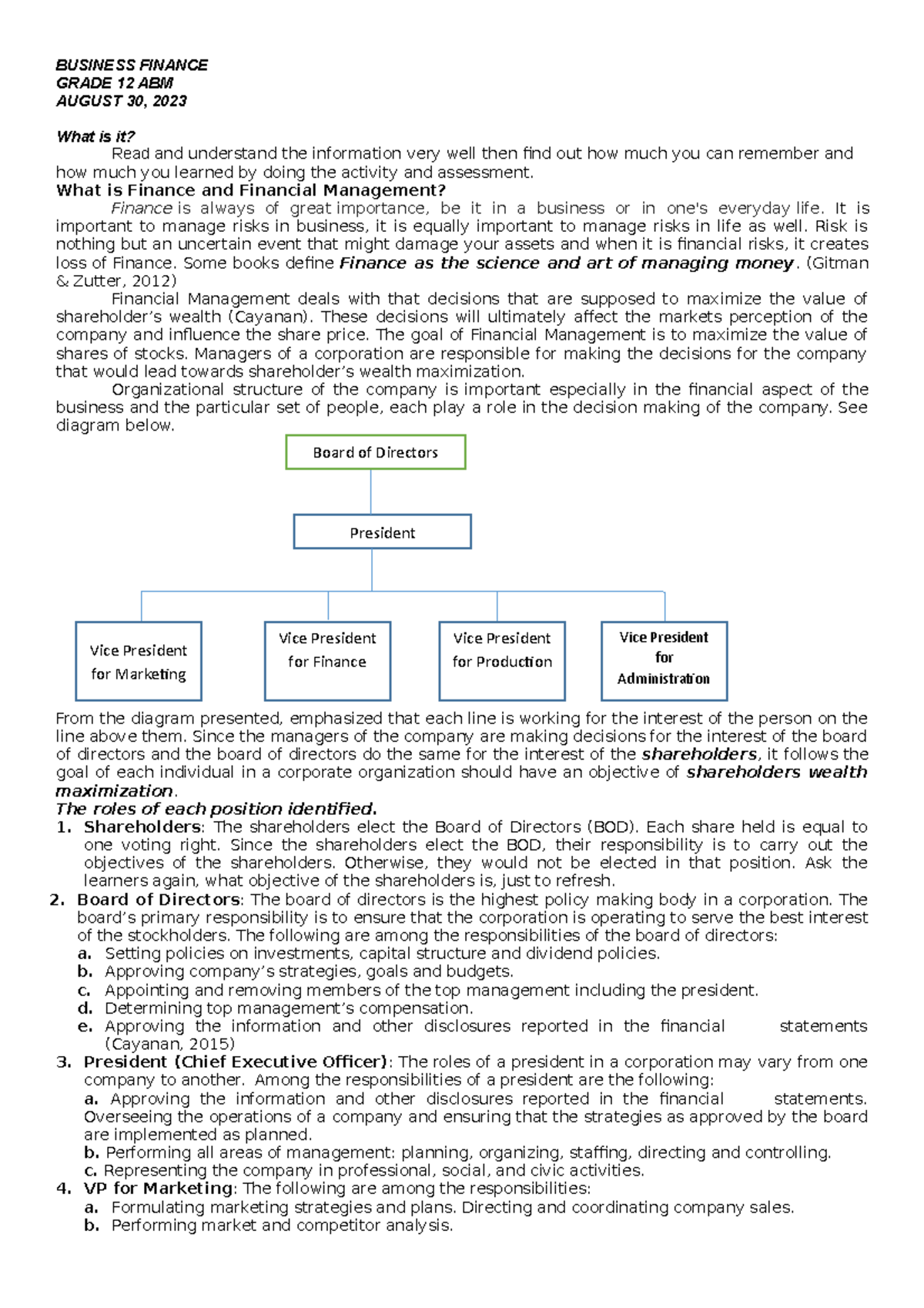 Business Finance Overview: Lesson Notes for G12 ABM Students - Studocu