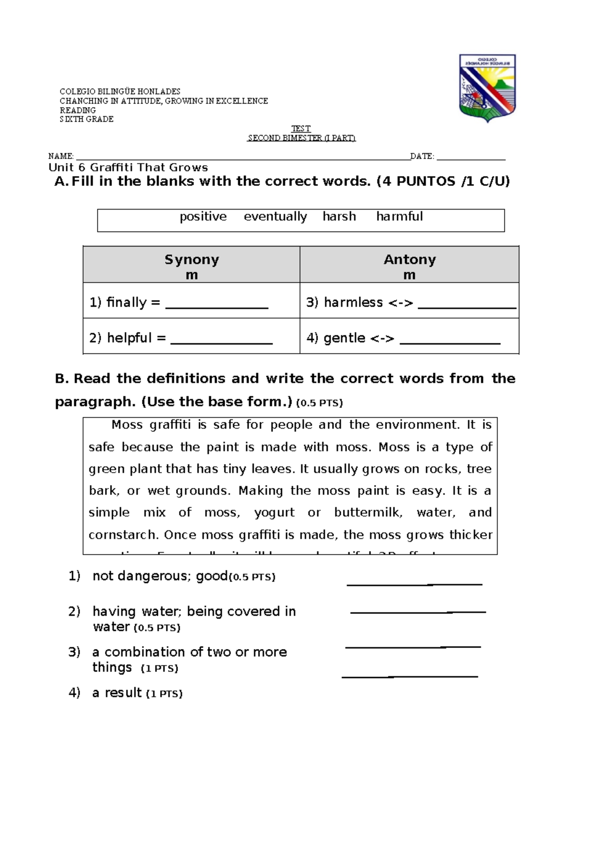 Reading 6.3 Test: Sixth Grade Unit 6 & 7 Exercises (2nd Bimester) - Studocu