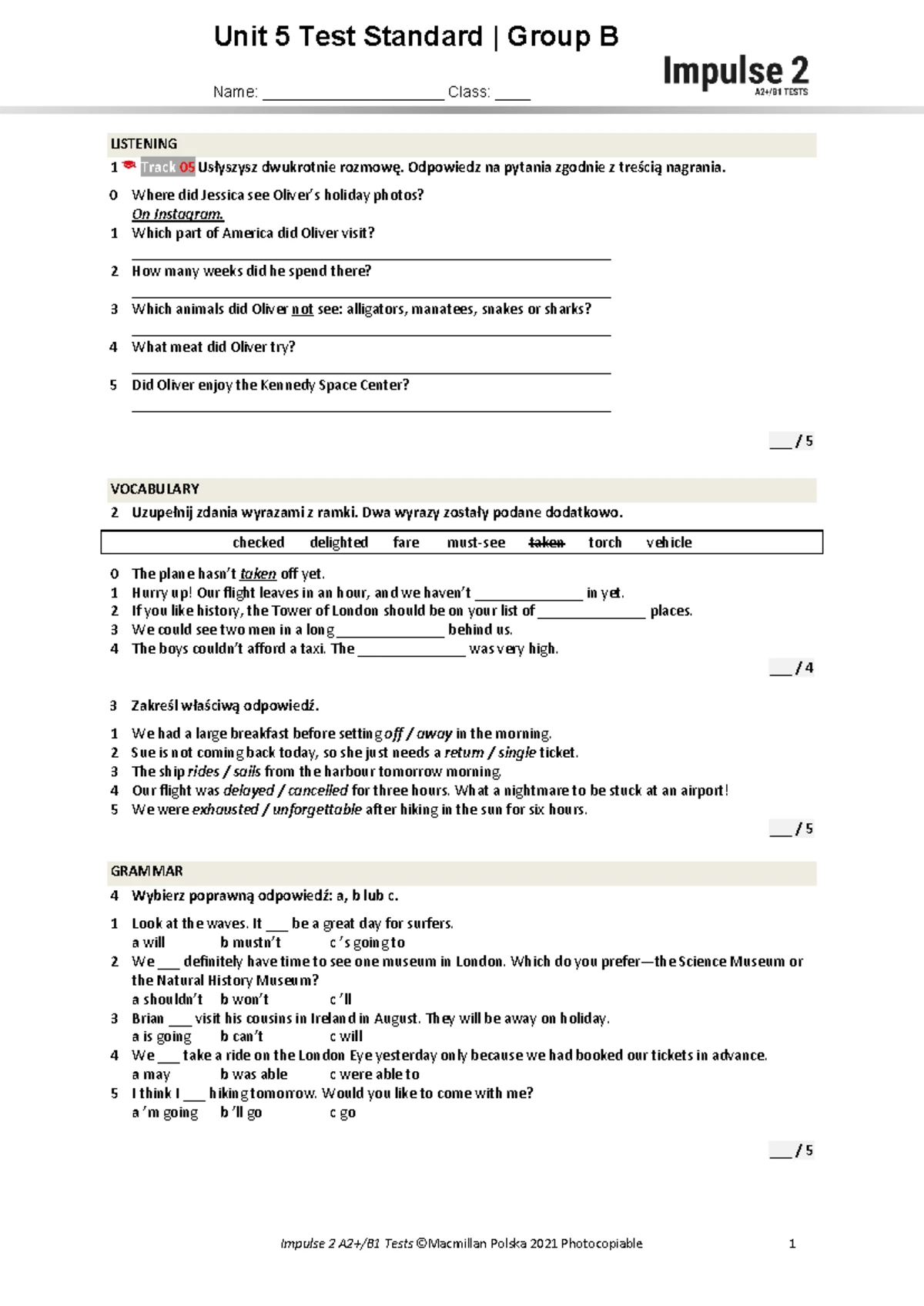 Unit 5 Test Standard B - Listening, Vocabulary, Grammar, Writing - Studocu