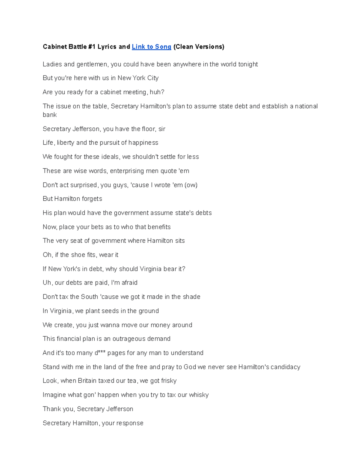 Copy of 3.10 Cabinet Battle Song Lyrics from Hamilton - Cabinet Battle ...
