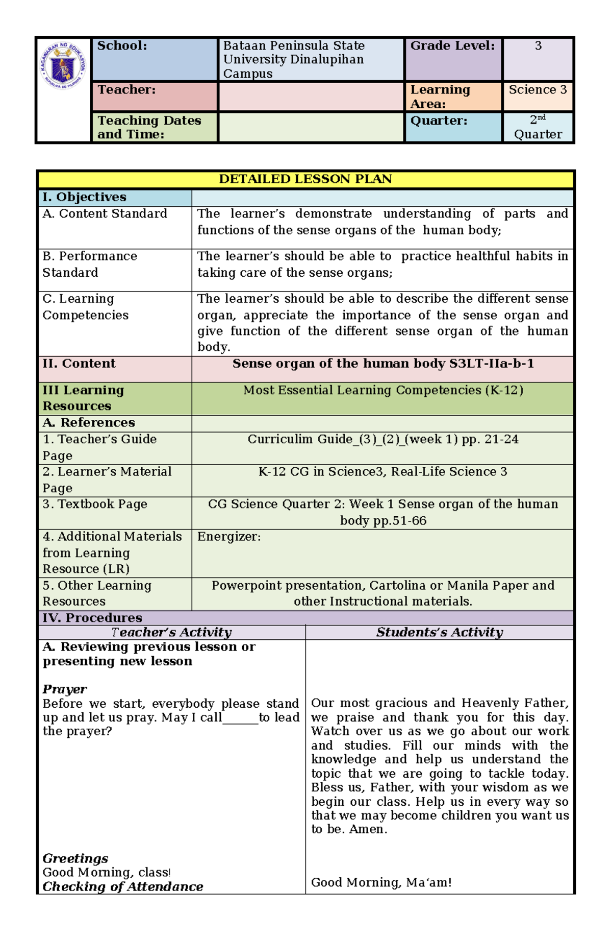 DLP-Grade-3: Detailed Lesson Plan on Human Body Sense Organs - Studocu