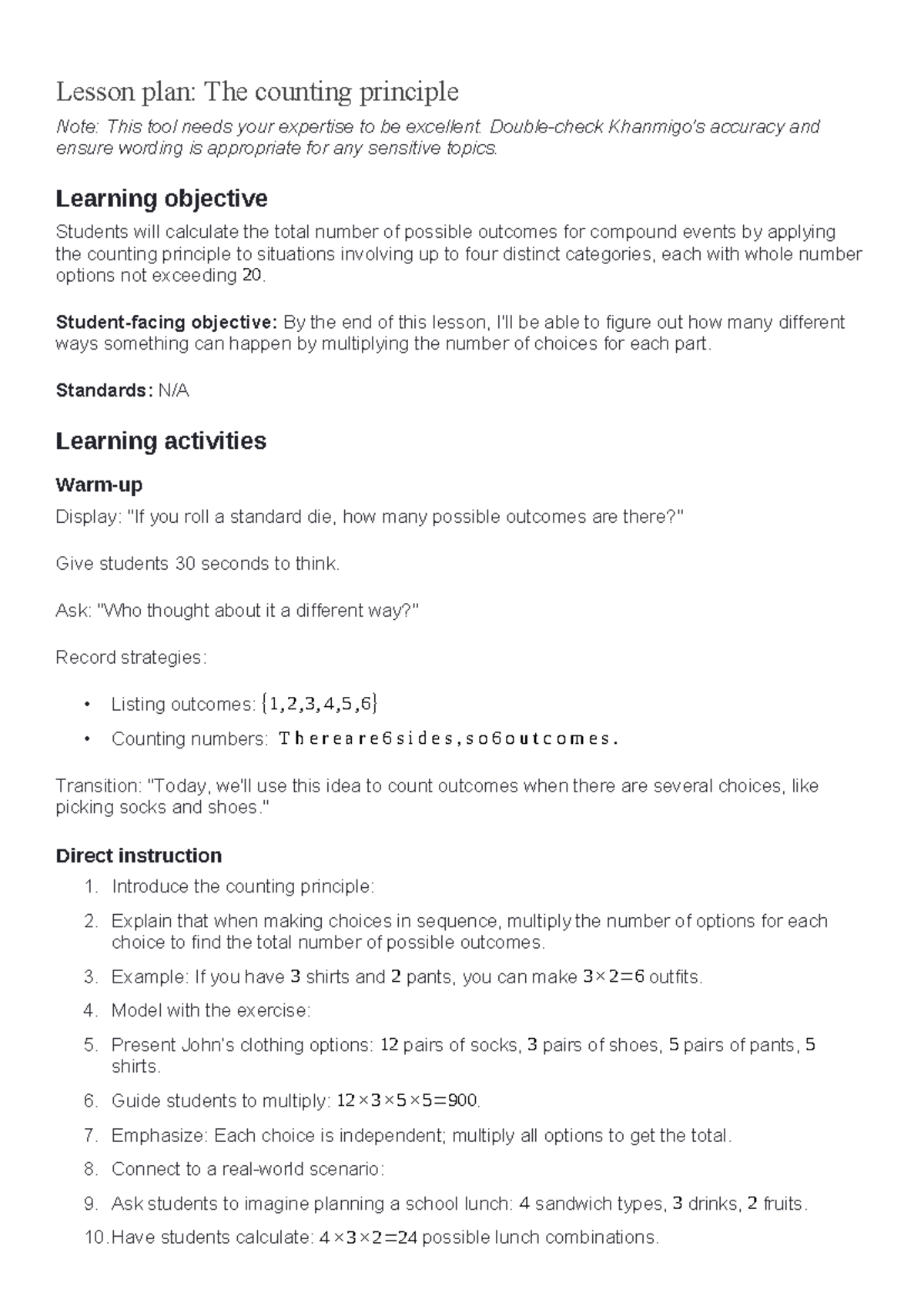Lesson Plan: The Counting Principle (Math 101) - Studocu