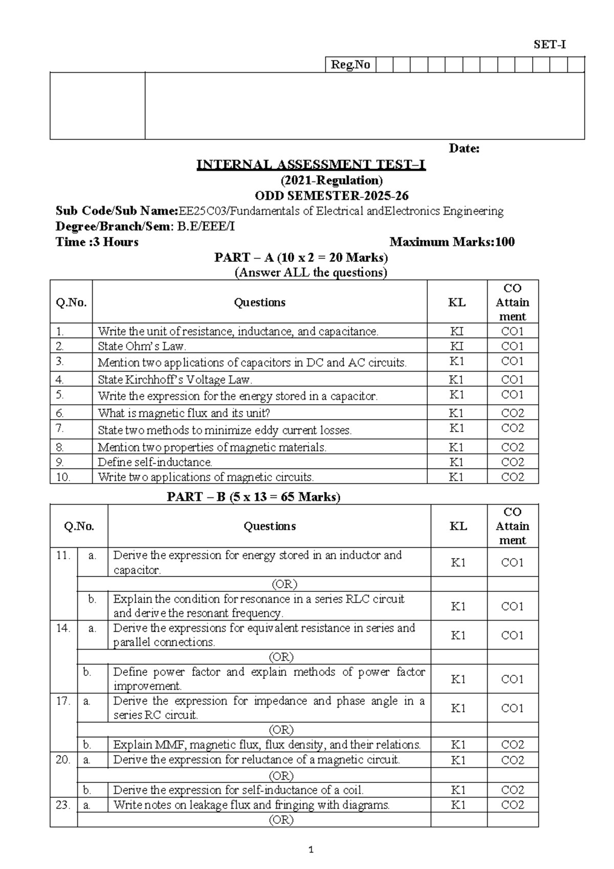 EE25C03 - Internal Assessment Questions for Electrical Engineering ...