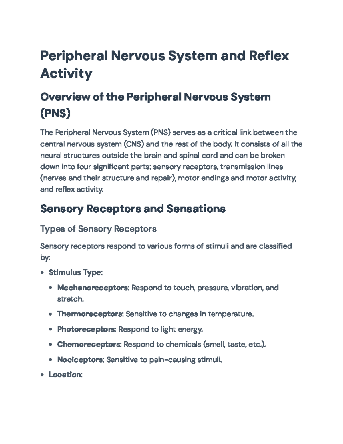 Peripheral Nervous System Overview and Reflex Activity Notes ...