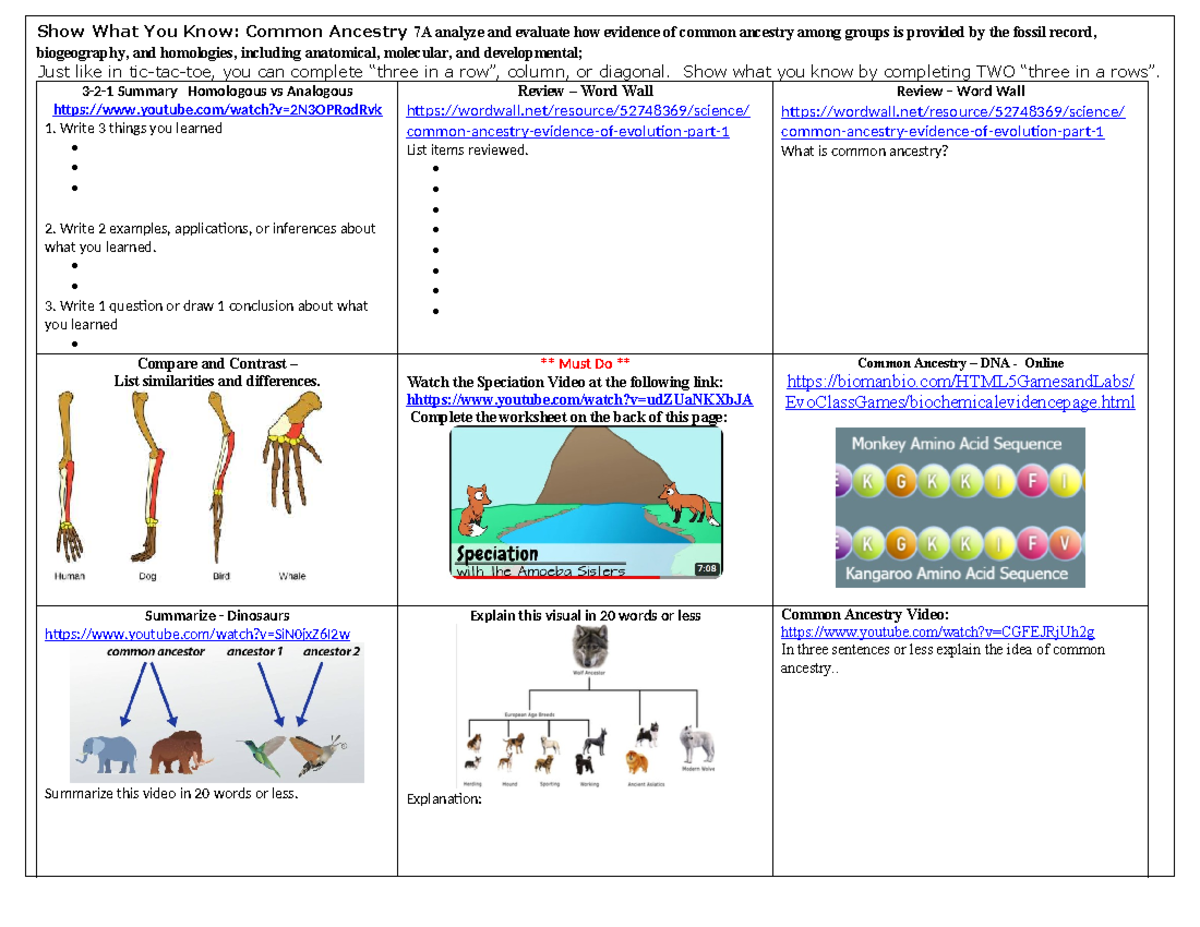 Tic Tac Toe - Common Ancestry 7A Review & Summary Activities - Studocu