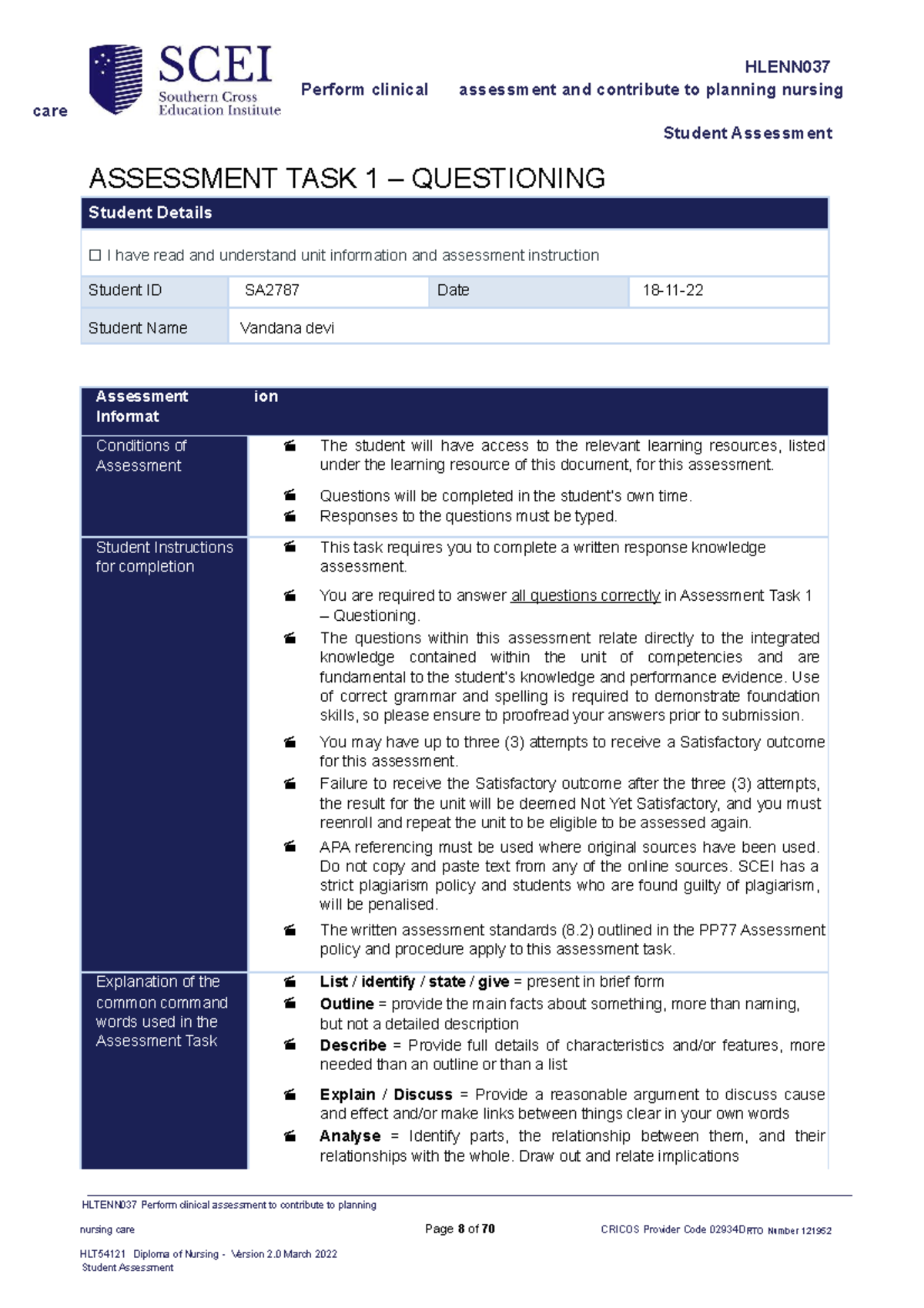 Hltenn 037 Student Assessment task 1 - Questioning - Perform clinical ...