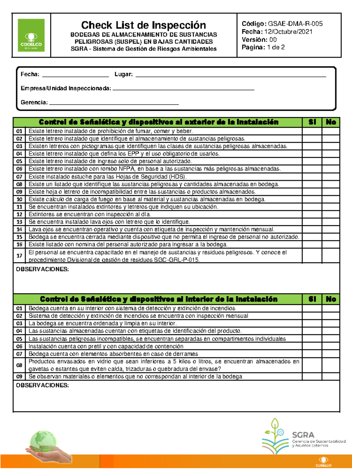 Check List Inspección Bodegas Suspel GSAE-DMA-R-005 - Studocu