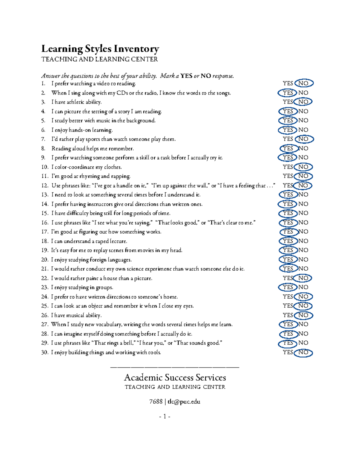 Learning Styles Inventory Assessment - Topic 1 Appendix 1 - Studocu