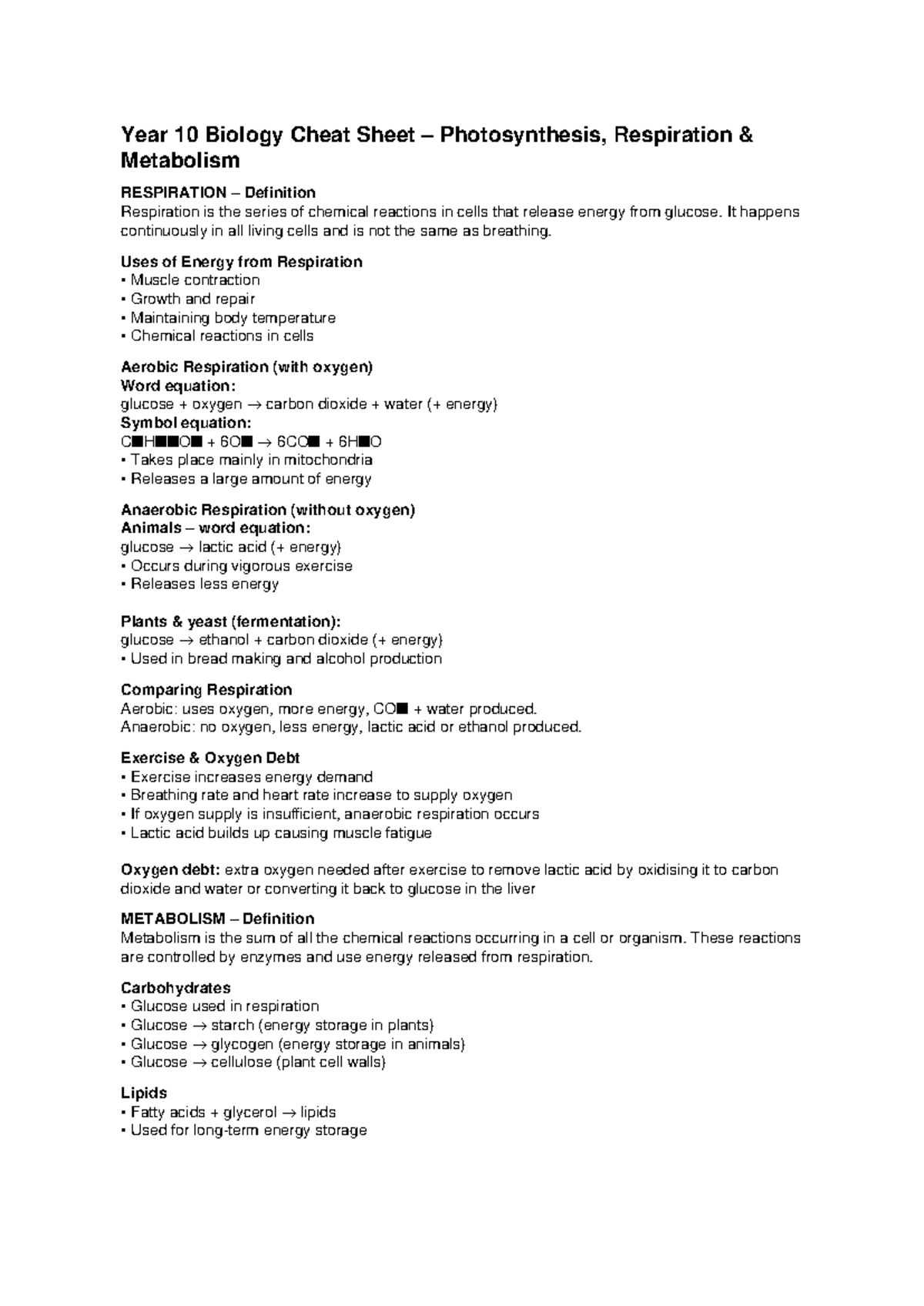 Year 10 Biology Cheat Sheet: Photosynthesis & Respiration - Studocu