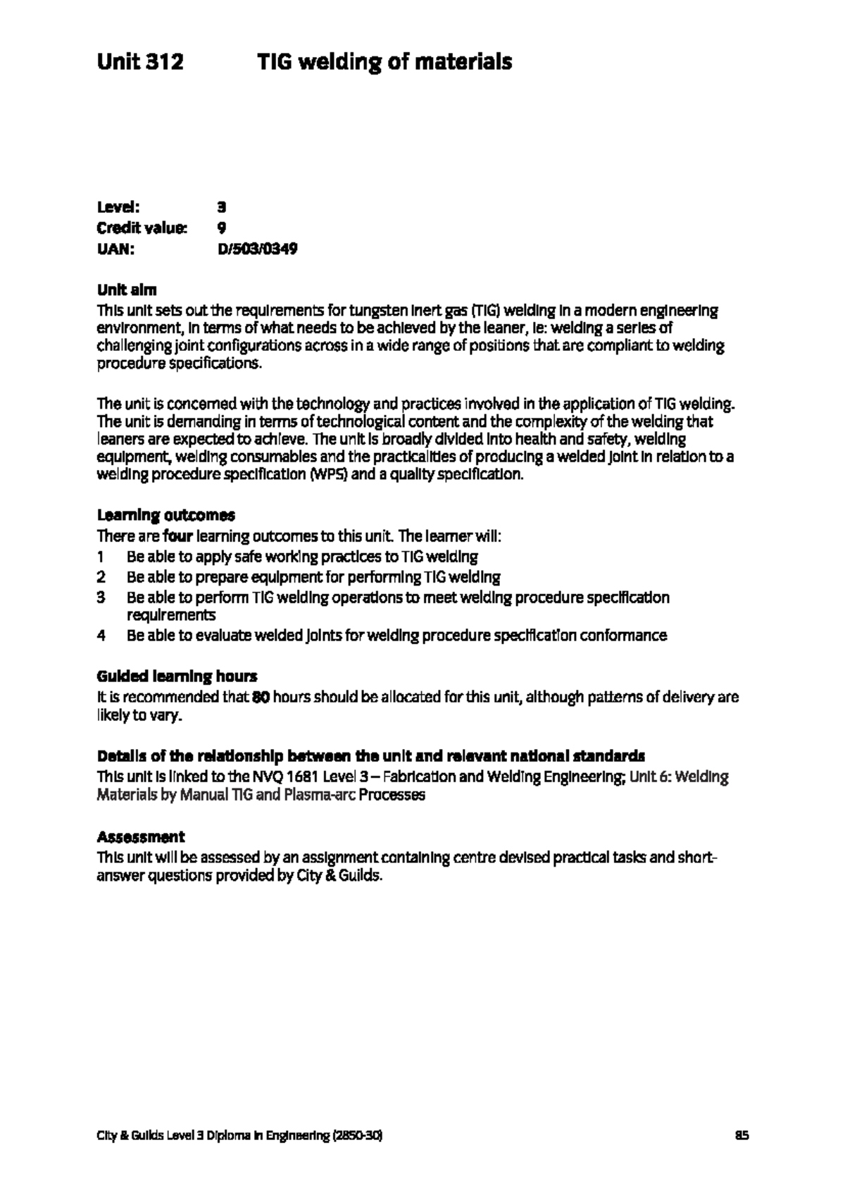 Unit 312: TIG Welding of Materials - Course Outline and Assessment ...