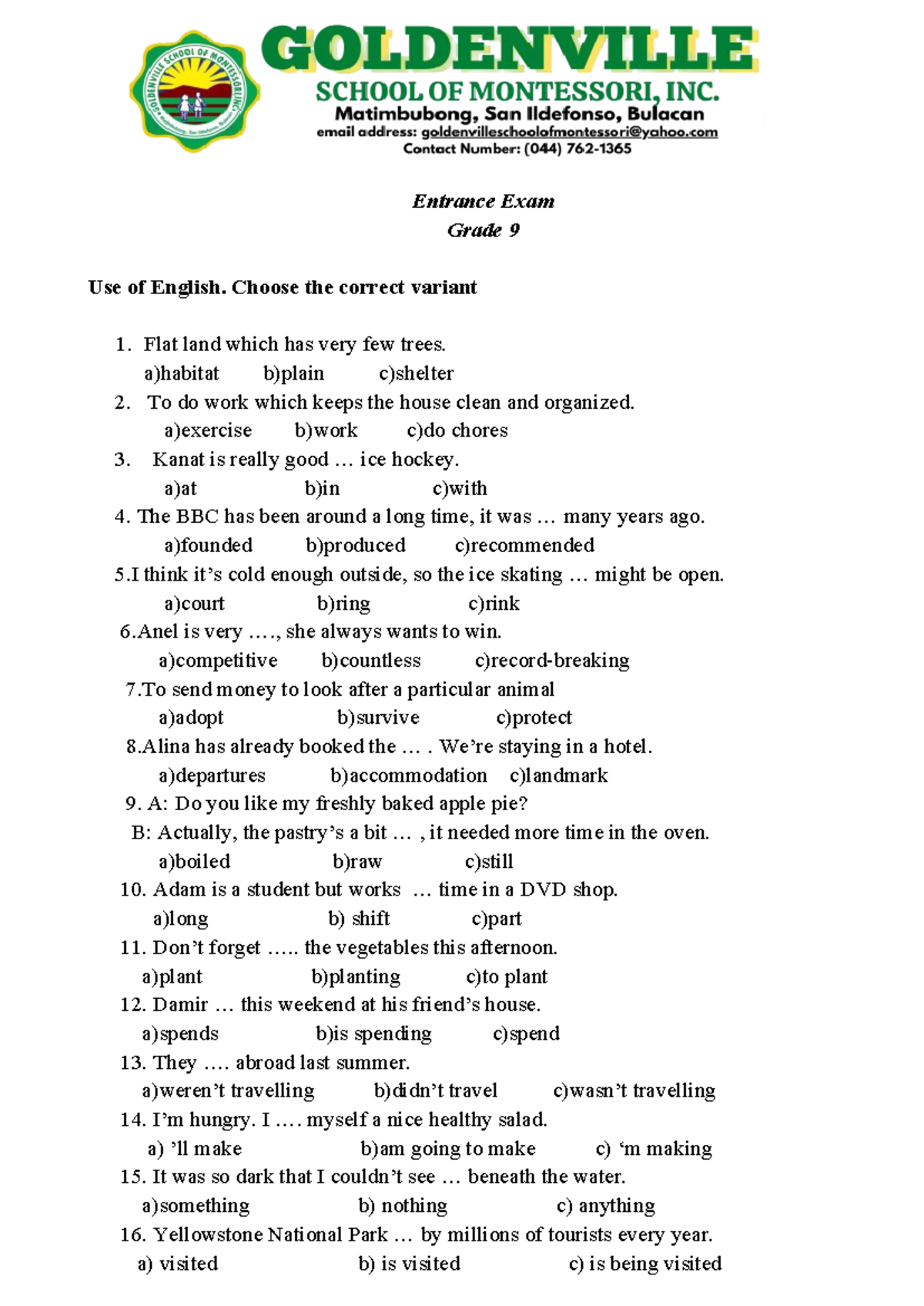 Grade 9 - Entrance Exam Preparation - Key English Questions - Studocu