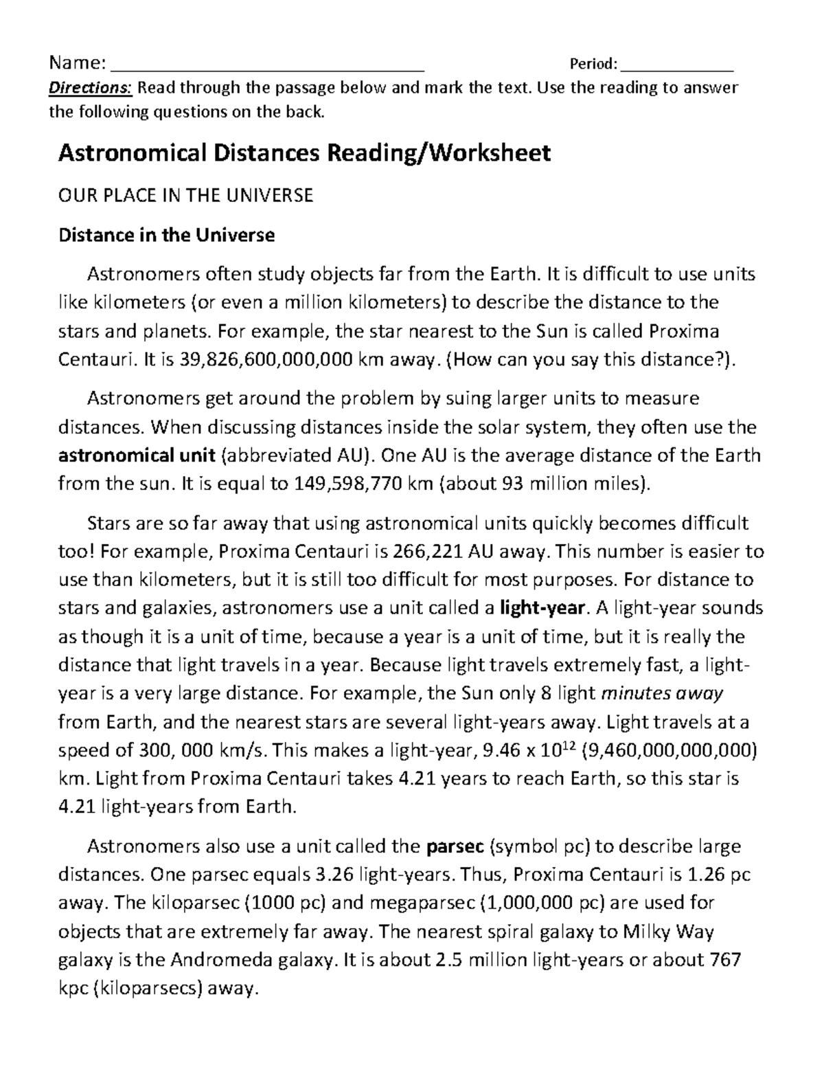 Astronomical Distances Worksheet: Understanding Cosmic Measurements ...