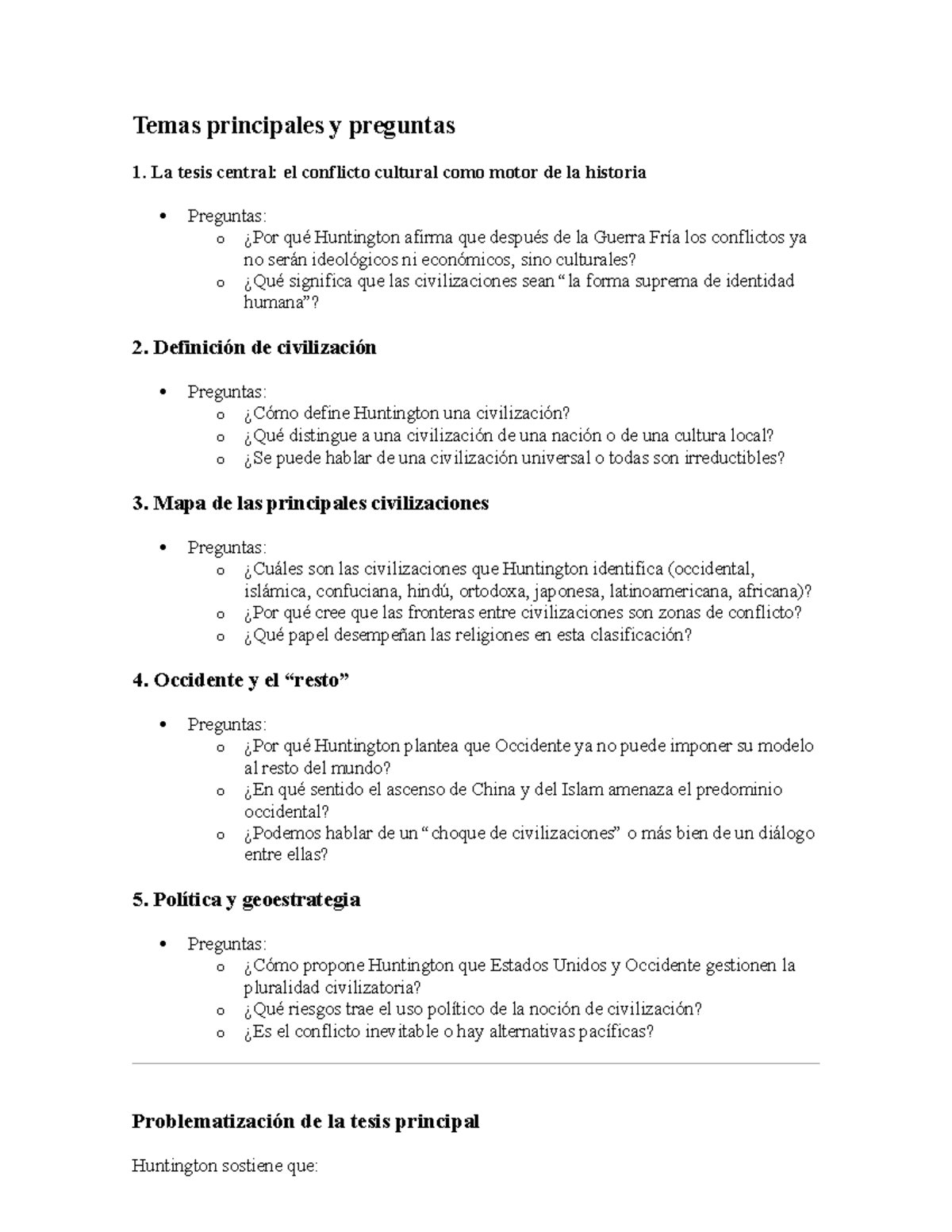 Huntington y el Conflicto Cultural: Análisis y Preguntas Clave - Studocu